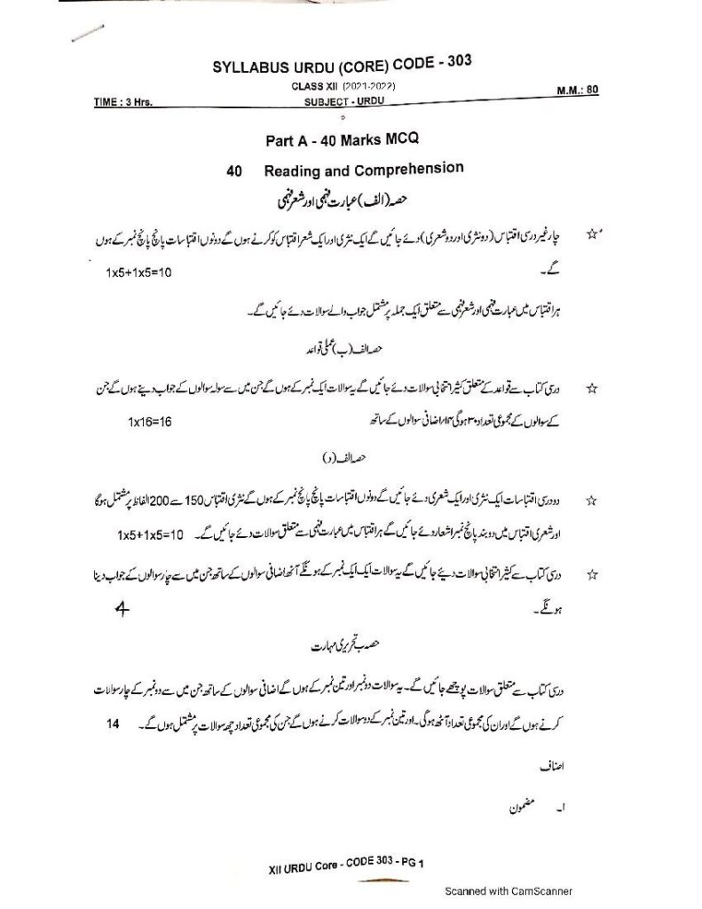 12Th Class Urdu Syllabus In English - BISE Multan